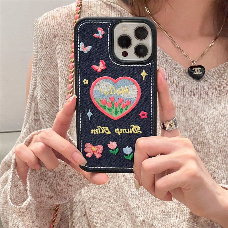 Love Butterfly Denim Embroidered Phone case for iPhone 16 15 14 13 12 ...