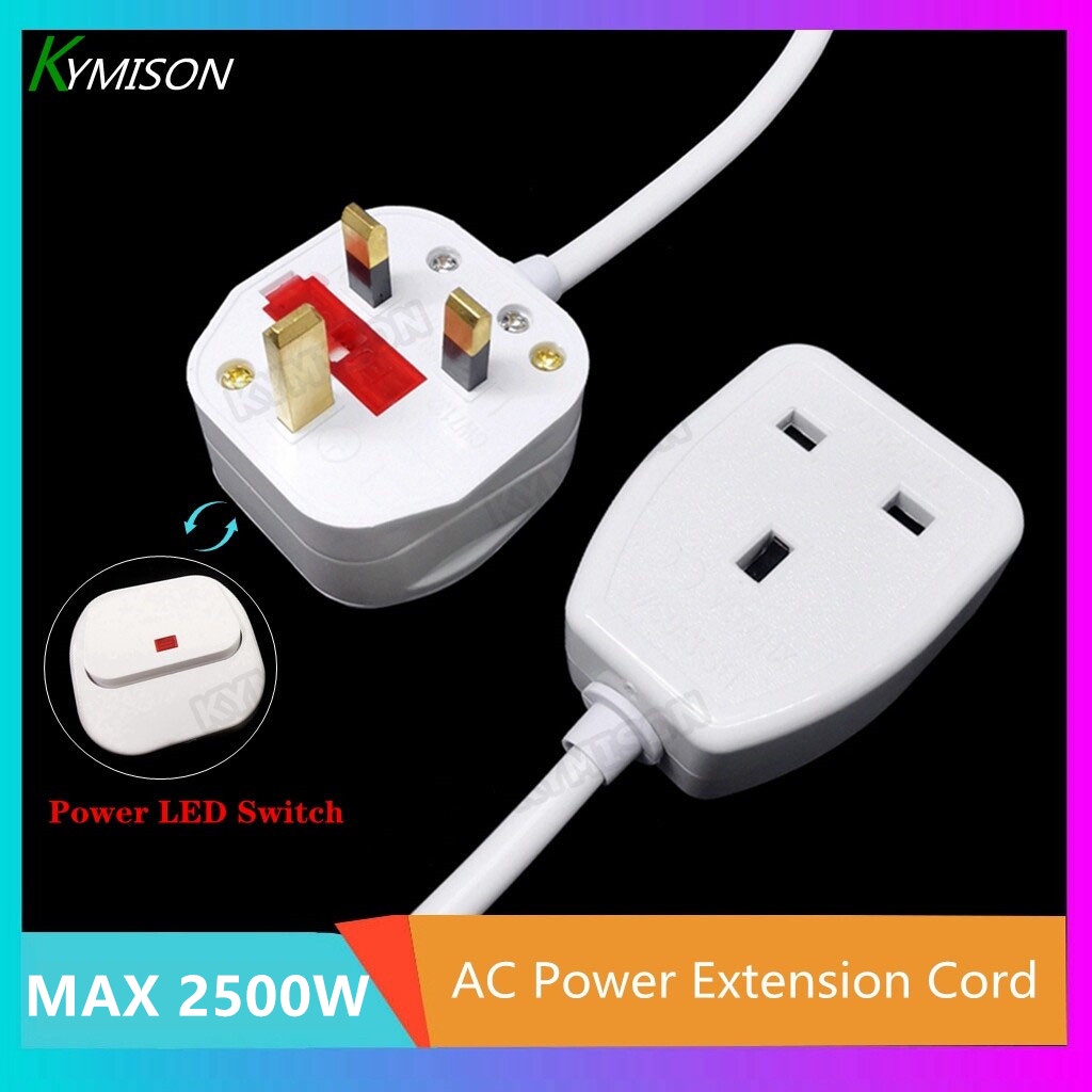 UK BS1363 13A Plug with LED Switch to Socket Power Extension Cable,3x1 ...