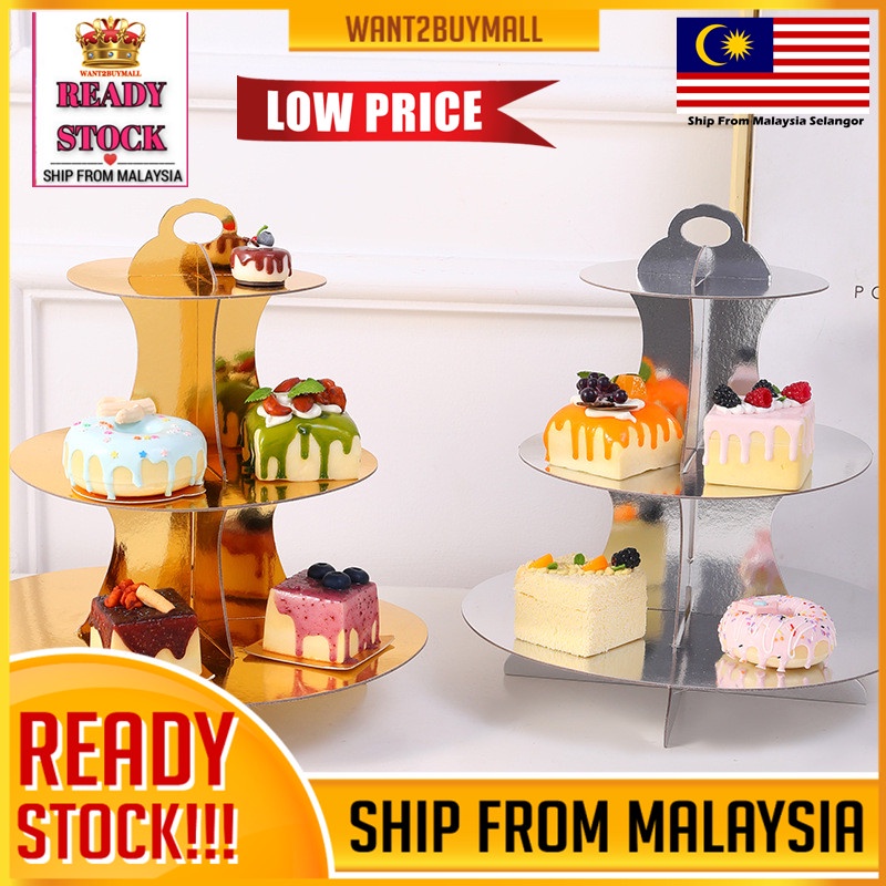 🇲🇾 🏆 3 Tier Gold Cupcake Cake Cookie Plate Display Round Stand Holder ...