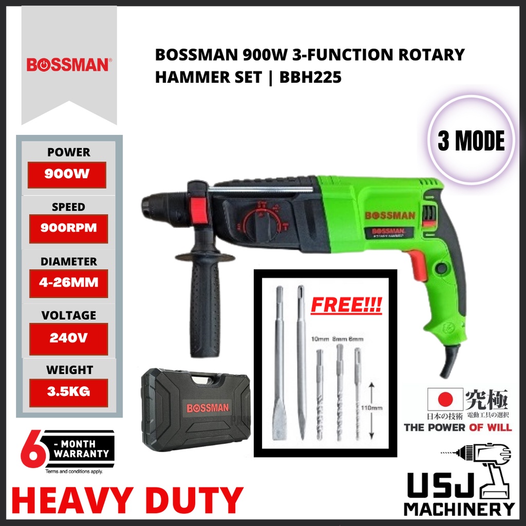 BOSSMAN 900W 3-Function Heavy Duty Rotary Hammer Set BBH225 with Drill ...
