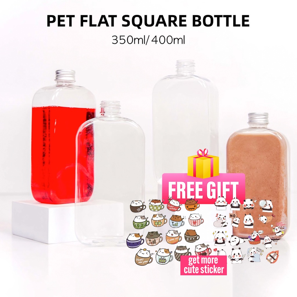 FREE STICKER 350ml / 400ml PET Flat Square Bottle with Silver Cap Boba ...