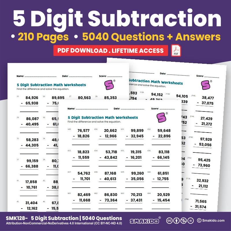 [ Soft Copy/ PDF ] 5 Digit Subtraction Math Worksheets | Latihan Tubi ...