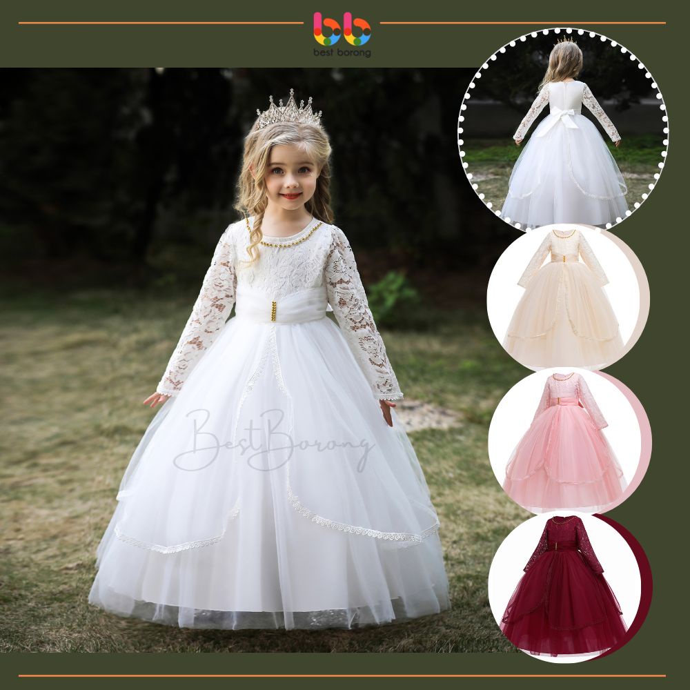 Princess Lace Dress Long Sleeves For Wedding Birthday Party Flower Girl ...