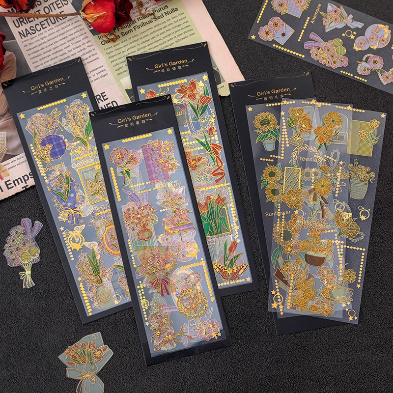 3 Sheets Retro Bronzing Flower Series Stickers Pack Student Decorative ...