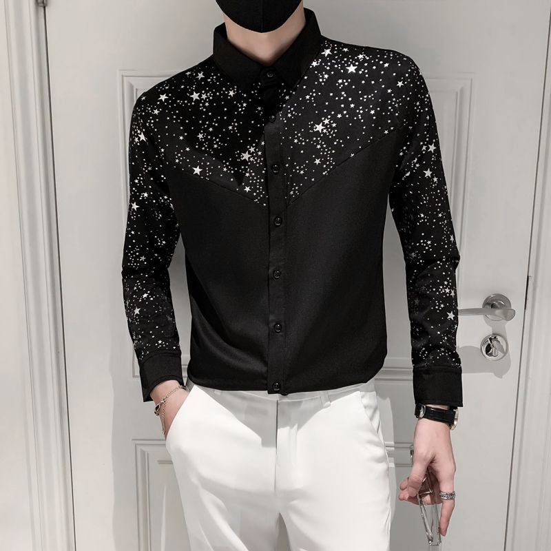 【S-4XL】Casual Sequin Printed Slim-Fit Long-Sleeved Shirt Men | Shopee ...