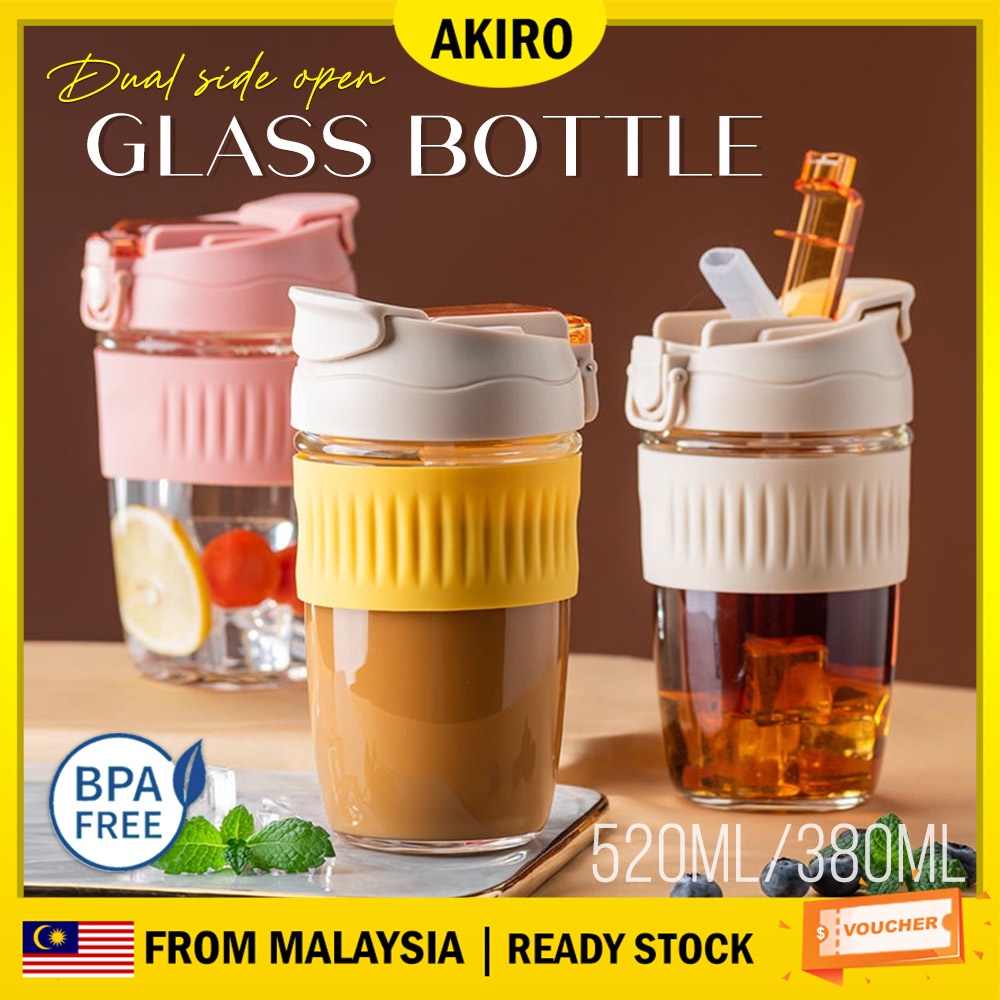 AKIRO 520mL/380mL Straw Bottle Leakproof Borosilicate Glass Coffee Cup Dual Drinking Beverage ...