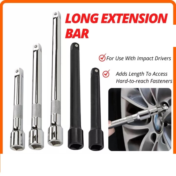 Chrome /Black Socket Long Extension Bar Driver Nut Drive Ratchet Socket ...