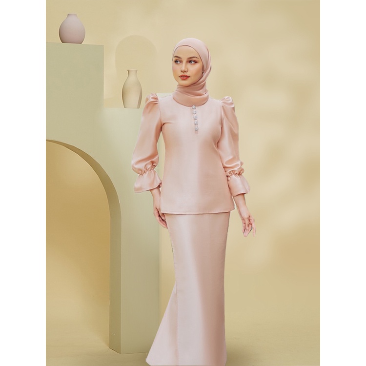 Satin Baju Kurung Moden baju raya 2023 nikah bridesmaid kurung pleated green dress dhia Puff ...