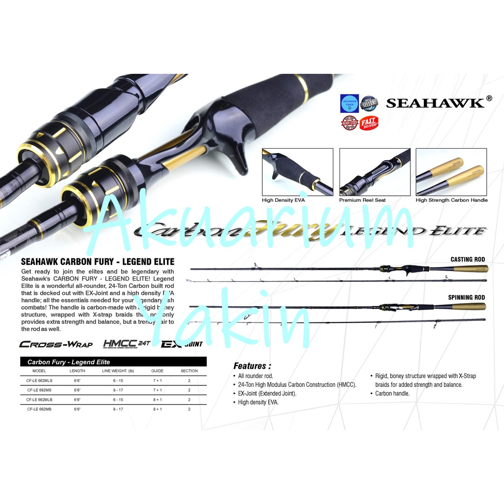 4077 Seahawk's CARBON FURY LEGEND ELITE SPINNING / CASTING ROD * READY ...
