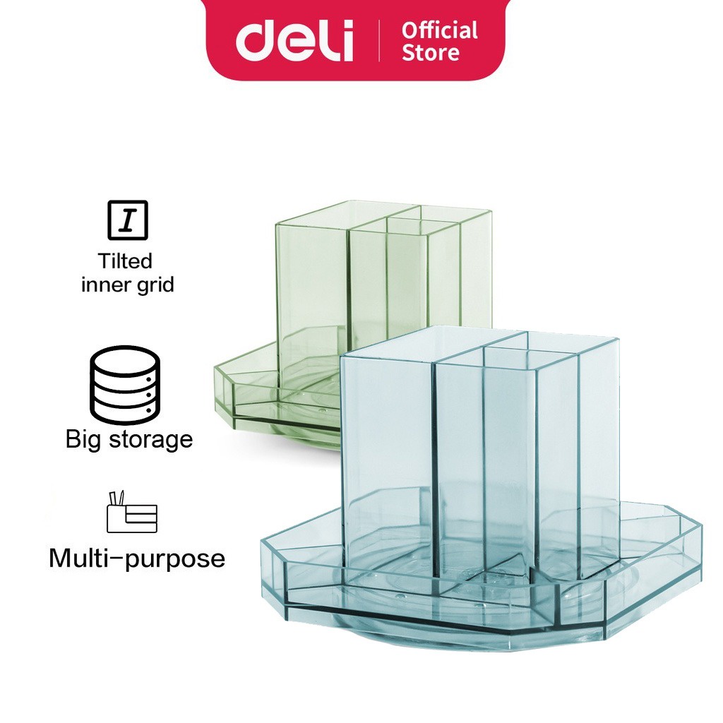 Deli Pen Holder 8942 Transparent Green Blue Rotating Brush Pot 140*140 ...