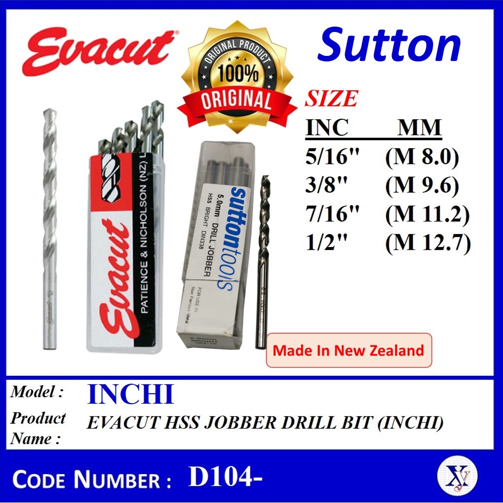 (PRICE PER PC) D104 AF [5/16" - 1/2"] EVACUT / SUTTON HSS JOBBER TWIST DRILL BIT (INCHI ...