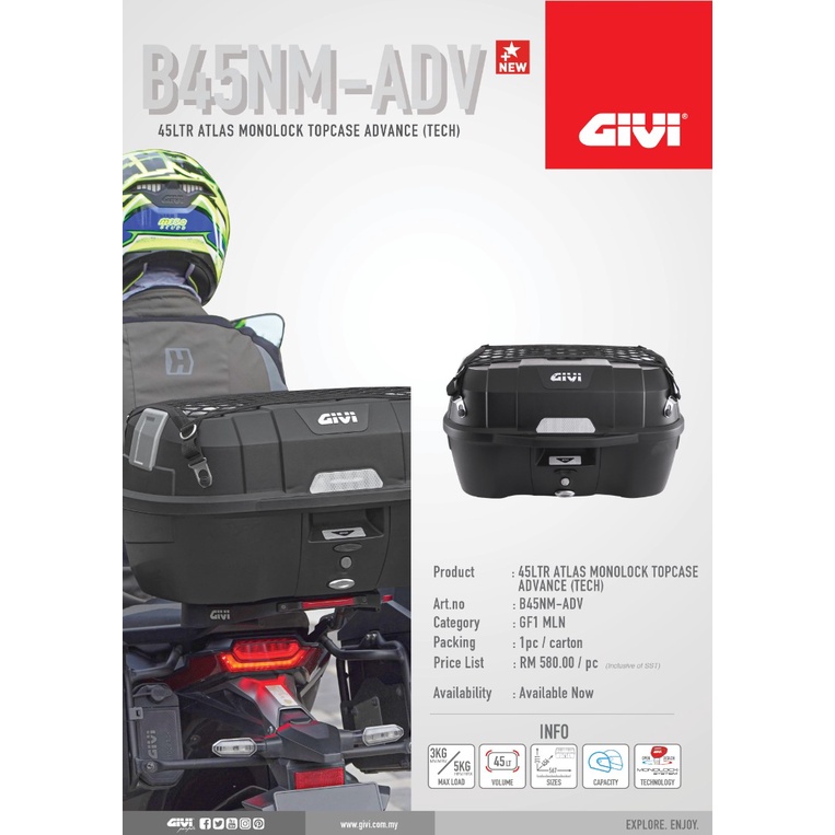 GIVI CENTER } GIVI Box B45NM / B45NM-ADV Atlas Series 45Liter Monolock Top Case For All Rack ...
