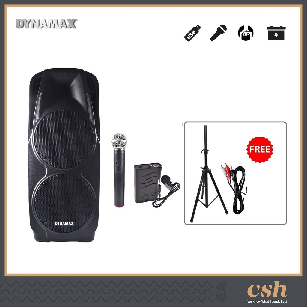 DYNAMAX PRO210 10” Double Woofer Active Portable Speaker with 1 VHF ...