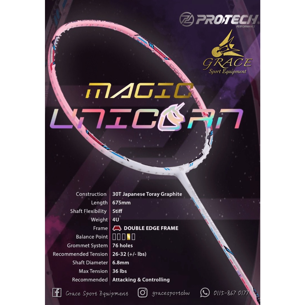 PROTECH MAGIC UNICORN Badminton Rackets| 4UG2 | MAX 36 LBS | Shopee ...