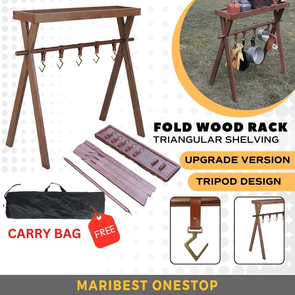 Folding Camping Solid Wood Shelf Foldable Tripod Rack Vintage Pine ...