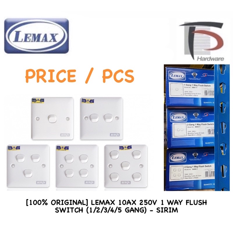[100% ORIGINAL] LEMAX 10AX 250V 1 WAY FLUSH SWITCH (1/2/3/4/5 GANG) SIRIM | Shopee Malaysia