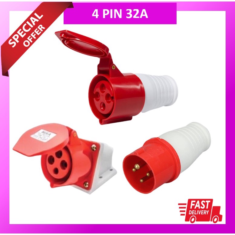 32A 4 PIN INDUSTRIAL PLUG WALL SOCKET CONNECTOR (RED) | Shopee Malaysia