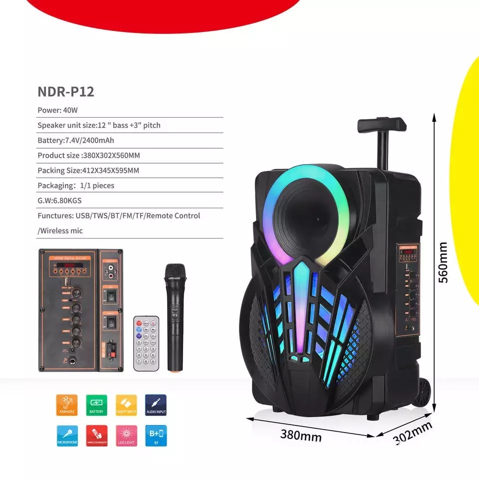 NDR Speaker 8 inch 12 inch Wireless Bluetooth Speaker With LED Light Microphone & Remote NDR P08 ...