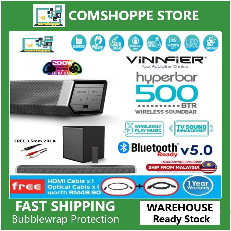 VINNFIER Hyperbar 500BTR Wireless Bluetooth Soundbar & Subwoofer AUX ...