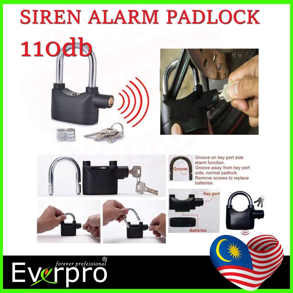 Siren Alarm Pad Lock for Gate / Motor / Bike / Residential / 110db Anti Theft Security Alarm ...