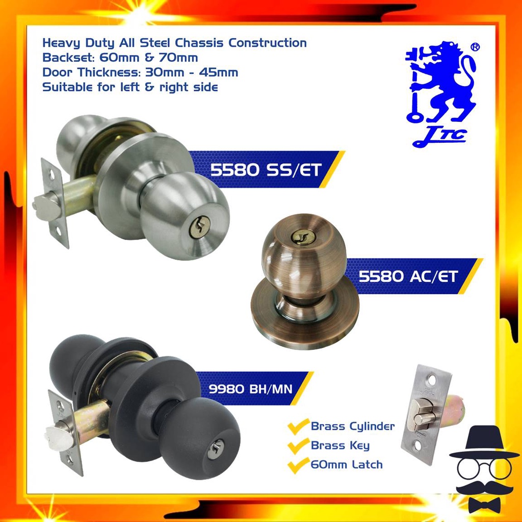 JTC 5580 MATT BLACK / AC (Antique Copper) / SS (Stainless Steel) Cylindrical Door Lock Knob Set ...