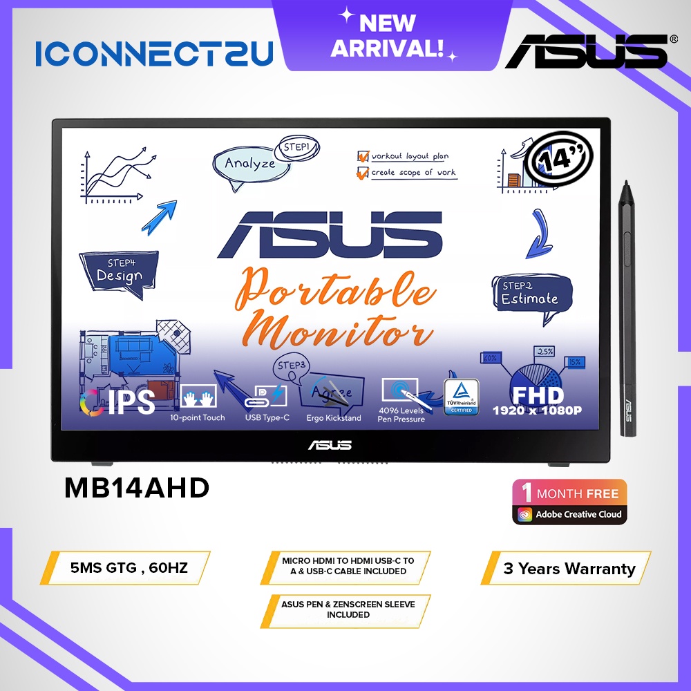 Asus Zenscreen Ink MB14AHD 14" 10-Point Touch IPS FHD 60Hz 5ms USB-C ...