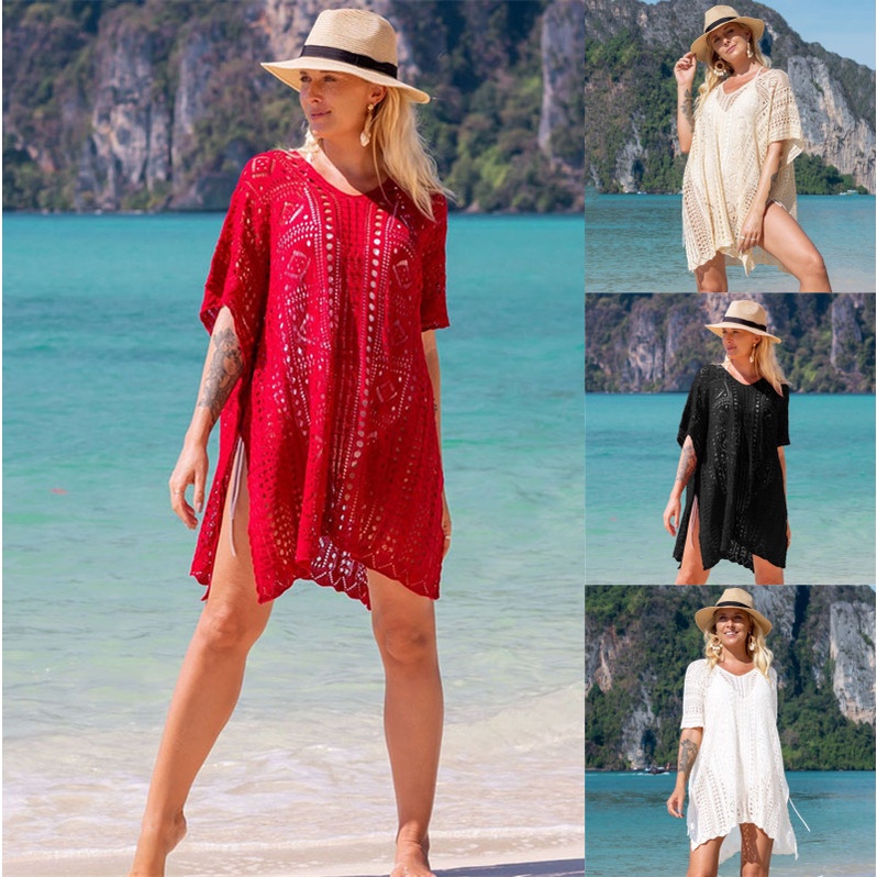 DN0835 Oversize Split Beach Cover Up White Crochet Beach Dress Tunics ...