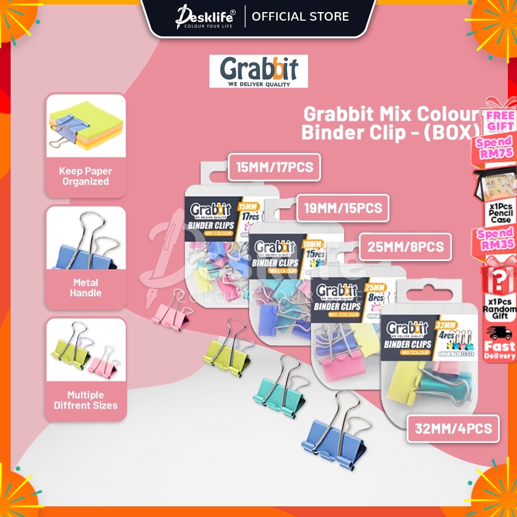 Desklife Grabbit Mix Colour Binder Clip 32mm 25mm 19mm 15mm - (BOX ...