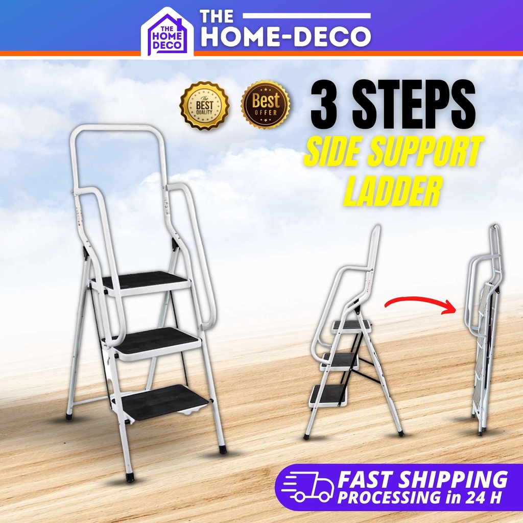 3 STEPS Side Support Steel Ladder With Handle Non Slip Step Folding ...