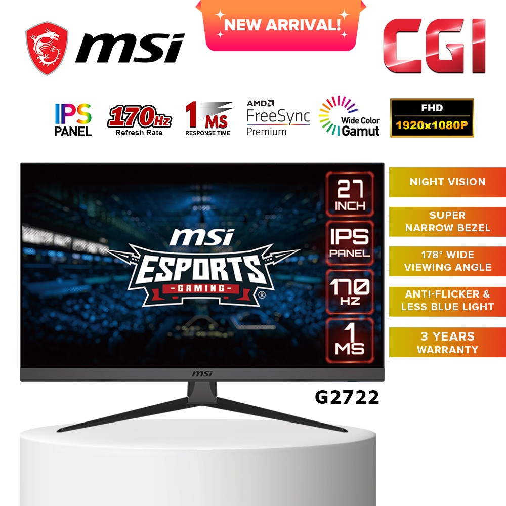 MSI 27" G2722 IPS FHD 170Hz 1ms Night Vision Freesync Premium Frameless Esports Gaming Monitor ...