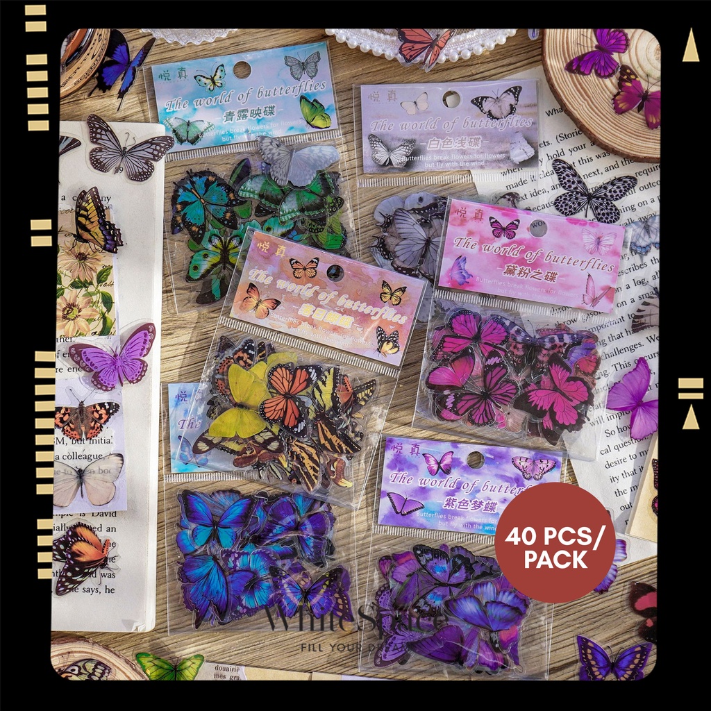Whitespace 40pcs Aesthetic Butterfly Stickers Vintage Junk Journal PET ...