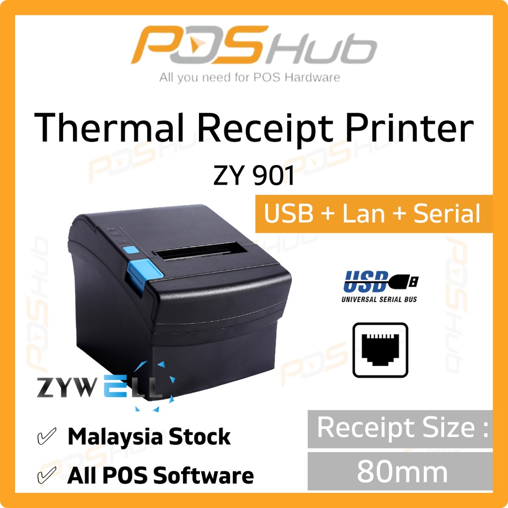 ZYWELL ZY901 80mm Thermal Receipt Printer (USB+LAN+Serial) pos system ...