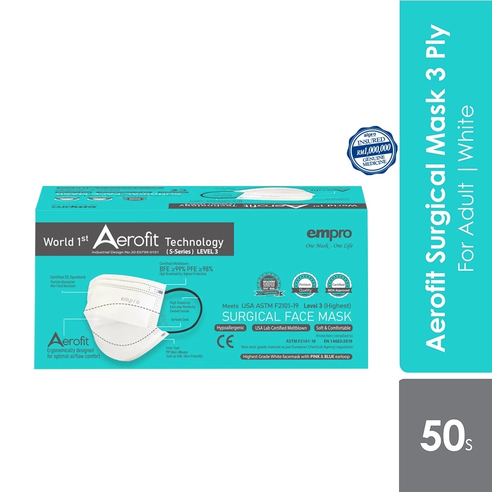 Empro Aerofit Surgical 3 Ply Face Mask - White Color (50's) | Shopee ...