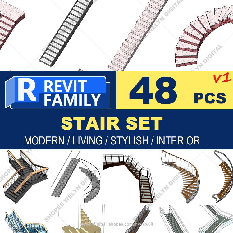 Autodesk | Revit 2025 | 48 Stair set Revit Family Files MATERIALS for ...