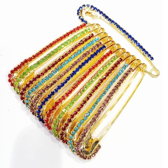 Saree Pins Gold Covering With Multicolour Stones Size Of 5 5 Cm