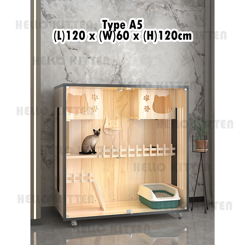 HK Premium Wood Indoor Cat Luxury Villa Cage Tempered Glass Door Extra ...