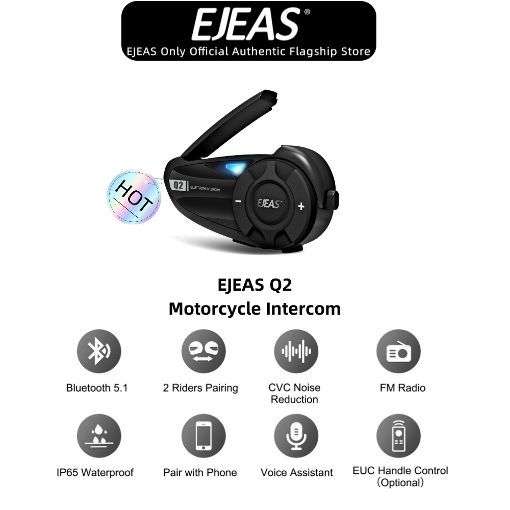 EJEAS Q2 Motorcycle Helmet Bluetooth Wireless Intercom Headset, 2-rider ...
