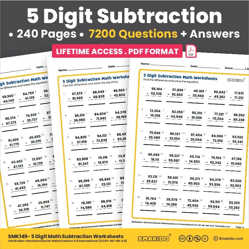 [ Soft Copy/ PDF ] 5 Digit Subtraction Math Worksheets | Latihan Tubi ...
