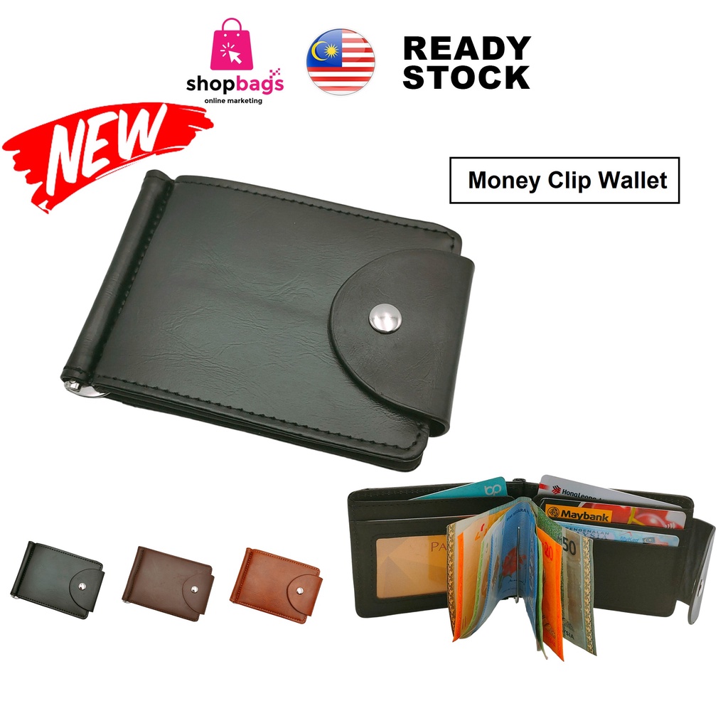 PU Leather Men Bifold Money Clip Wallet With Pin Button Closure/ Dompet ...