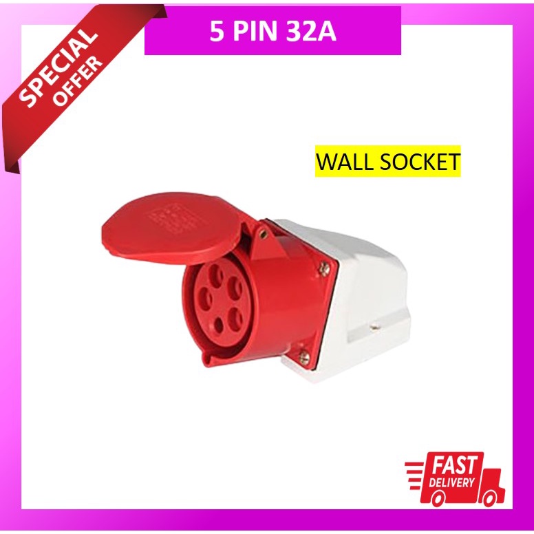 32A 5 PIN INDUSTRIAL PLUG WALL SOCKET CONNECTOR (RED)THREE PHASE ...