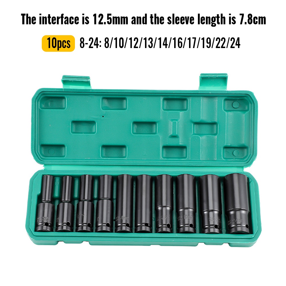 10PCS 1/2 Inch Long Impact Socket Set Black Deep Box Set Tool Set 8mm ...