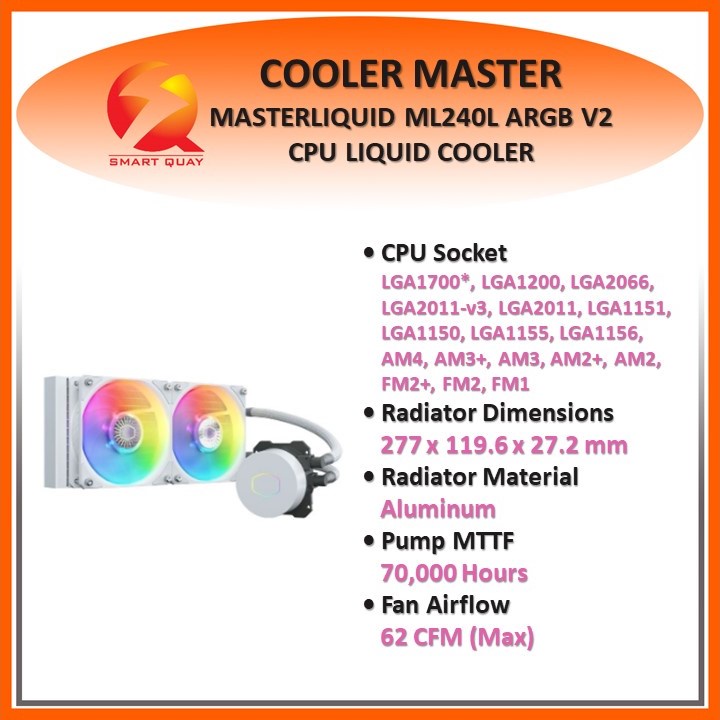 COOLER MASTER MASTERLIQUID ML240L ARGB V2 WHITE EDITION AIO CPU LIQUID ...