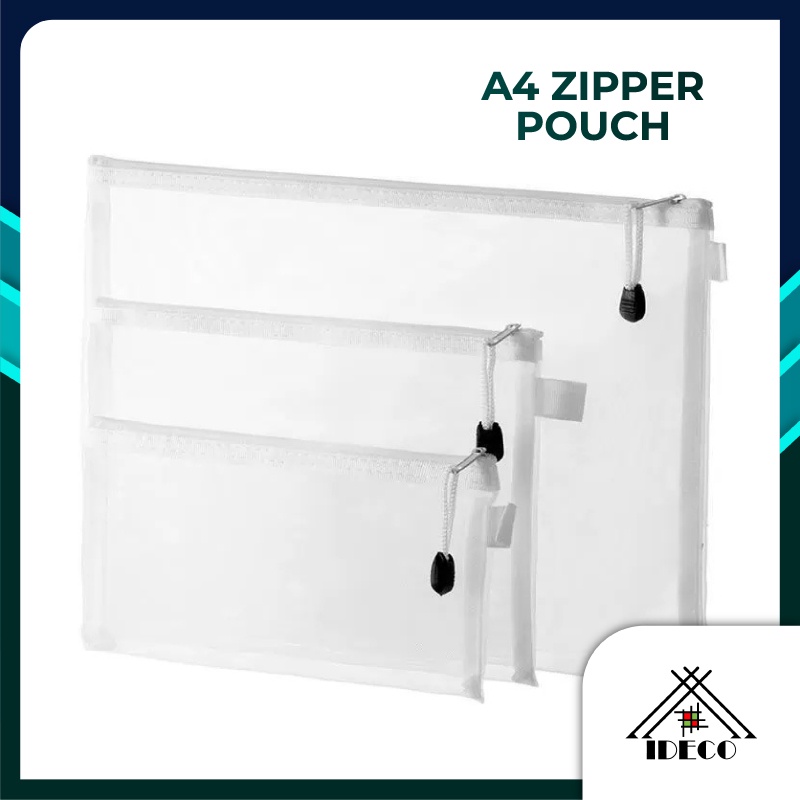 iDECO A4 Transparent File Bag Nylon Mesh Zipper Information Storage ...