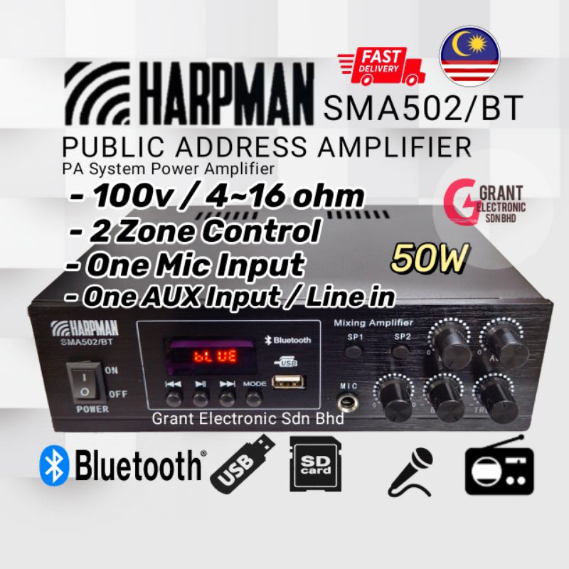 Harpman SMA502/BT Public Address Amplifier 50W 2 Zone 100v PA System ...