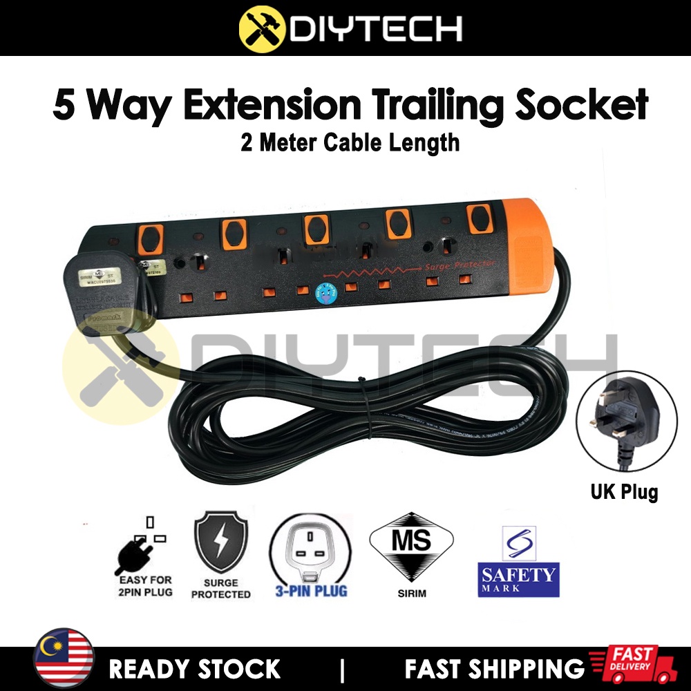 Diytech Sirim Approved 5 Way Extension Trailing Socket 2 Meter Surge Protector Extension Wire