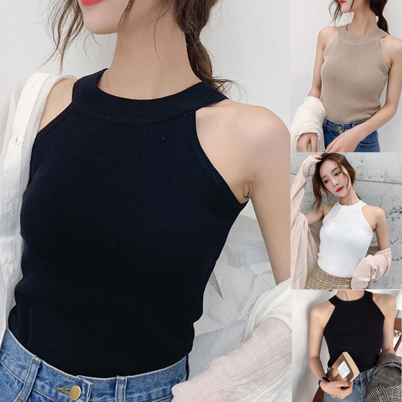 Off Shoulder Tank Top Women Knitted Solid Vest Female Sleeveless Slim ...