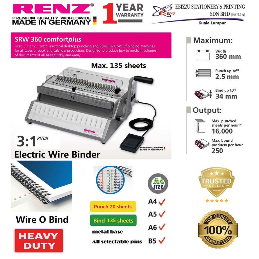 RENZ Electric Heavy Duty SRW 360 Comfortplus 3:1 Wire Binding Machine (MADE IN GERMANY) (binding ...