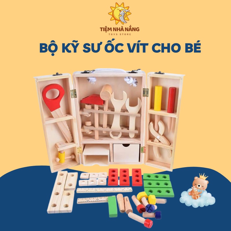 Wooden toy engineer tool set - screw cabinet box helps children develop ...