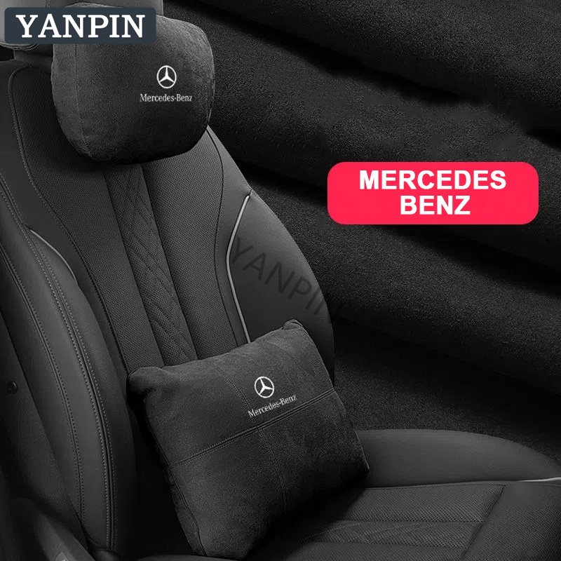For Mercedes Car Suede Headrest Neck Protection Headrest Lumbar Cushion ...