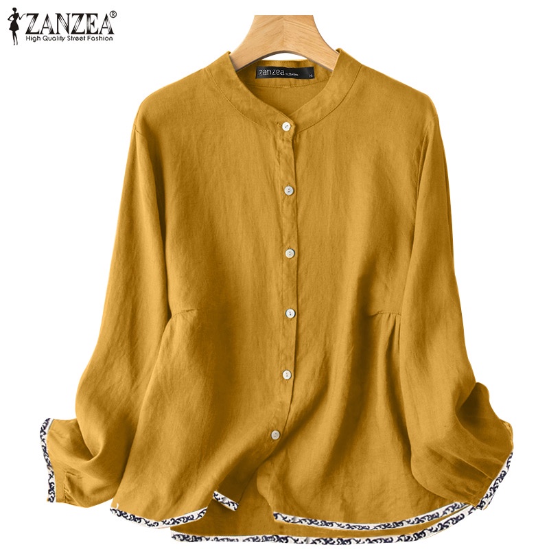 ZANZEA Women Causal Stand Collar Long Sleeve Patchwork Print Hem ...